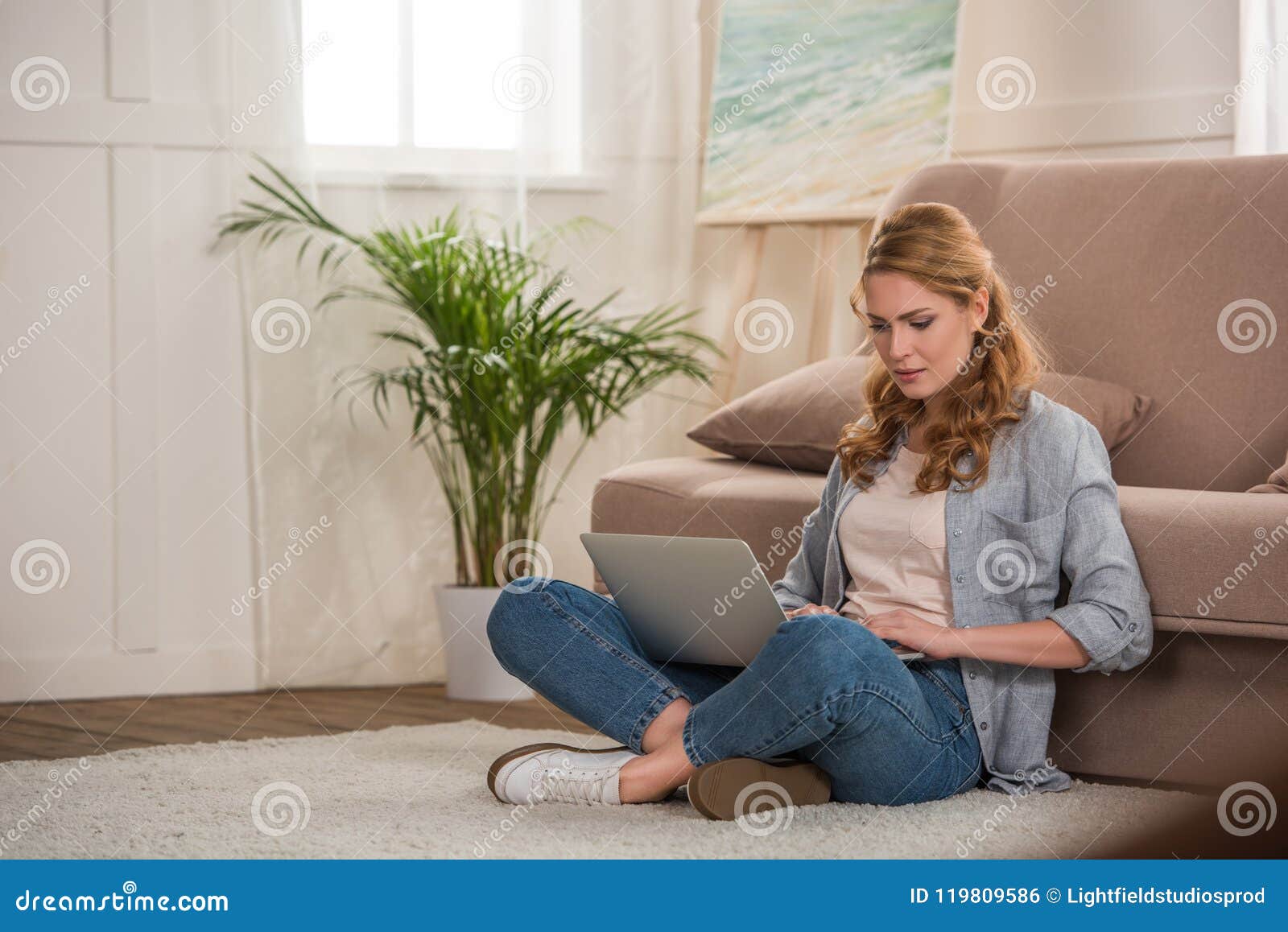 Beautiful Young Woman Using Laptop Stock Photo - Image of computer ...