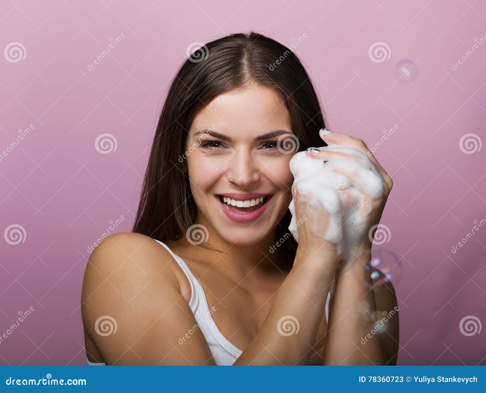 Beautiful Young Woman Washing Up Her Face Stock Image Image Of Foam