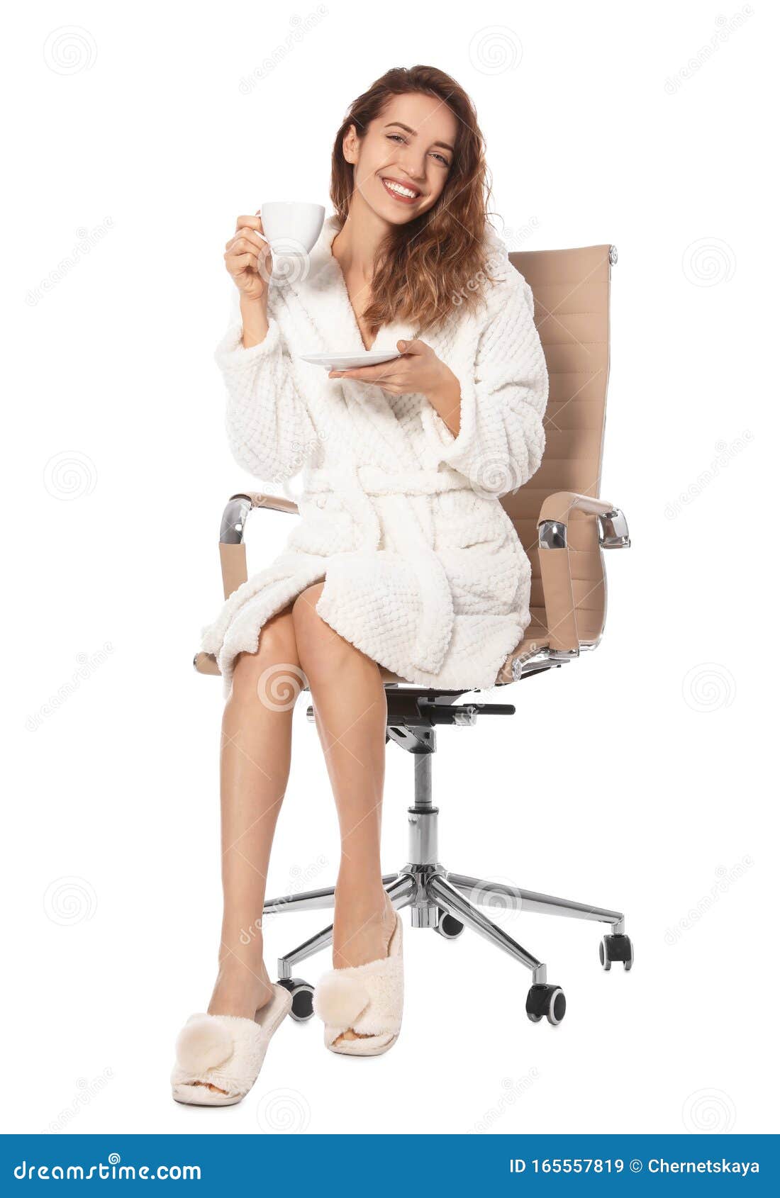 Beautiful Young Woman Wearing Bathrobe Sitting in Chair on White ... Beautiful Young Woman Wearing Bathrobe Sitting in Chair on White ...