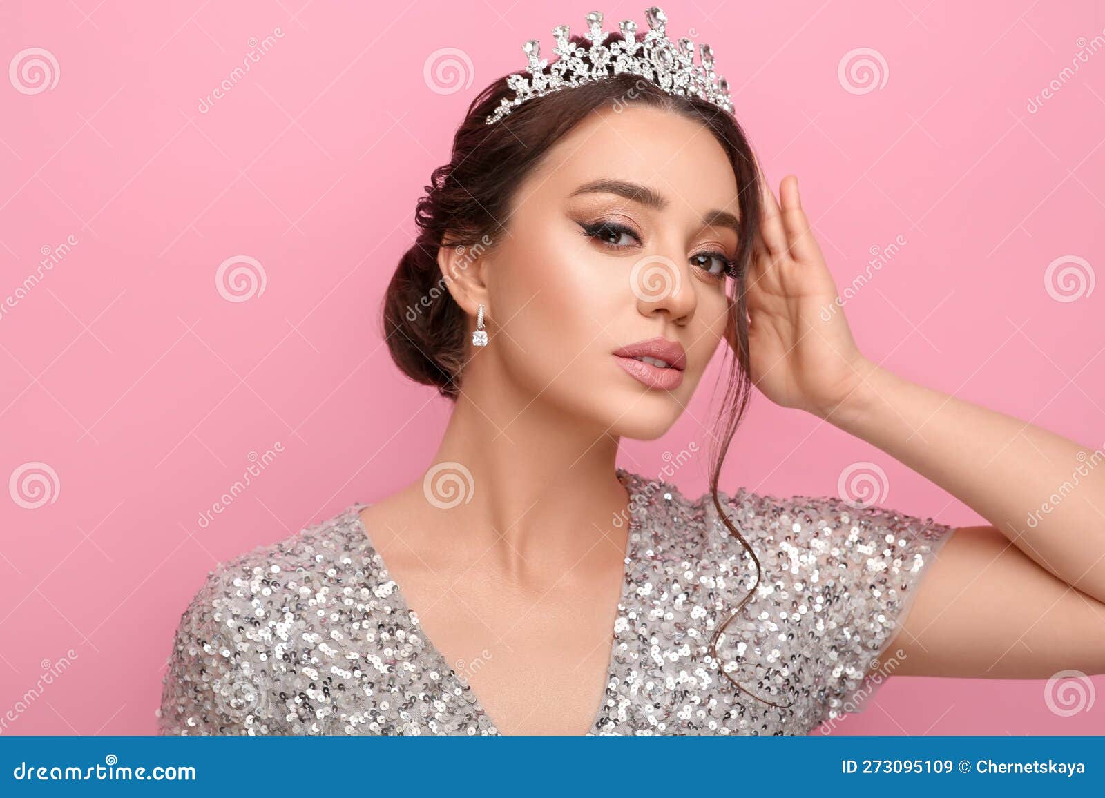 Beautiful Young Woman Wearing Luxurious Tiara On Pink Background Stock