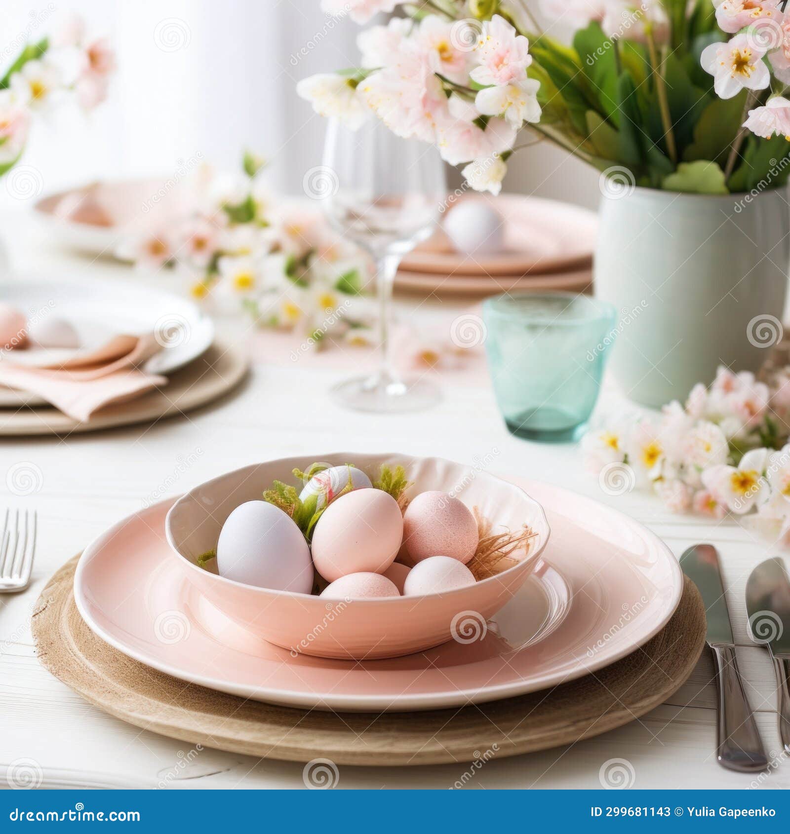 A Beautifully Decorated Easter Table Setting with Pastel-colored Eggs ...