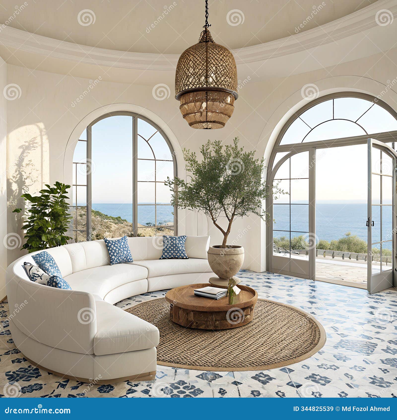 Mediterranean Style Drawing Room with Curved White Sofa, Rustic Decor ...