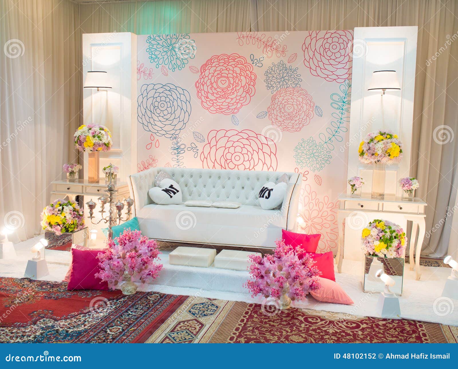 A Beautifully English Theme Decorated Wedding Altar on a Stage a Stock ...