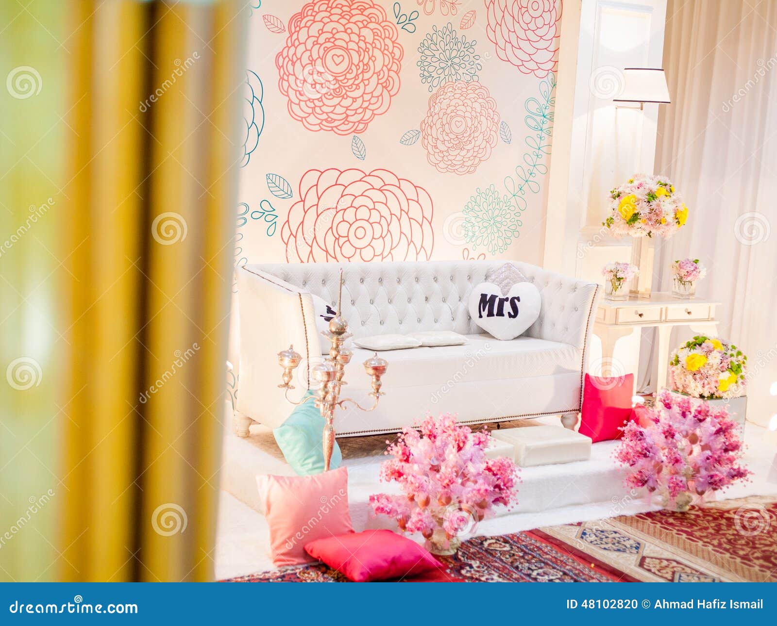 A Beautifully English Theme Decorated Wedding Altar On A Stage A ...