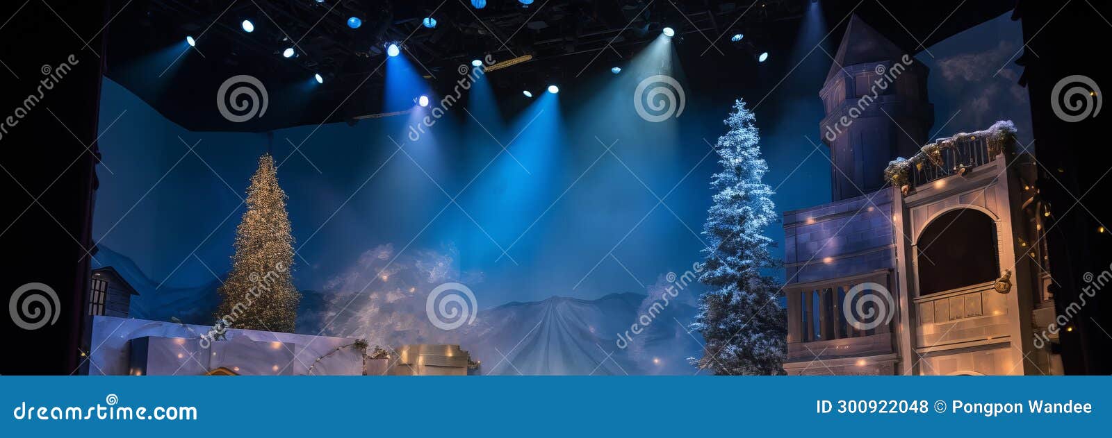 Beautifully Lit Christmas Themed Stage Set with Trees Snow and ...