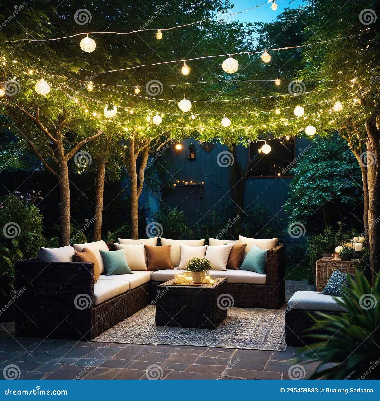 A Beautifully Lit Patio at Night with String Lights and Lanterns Stock ...