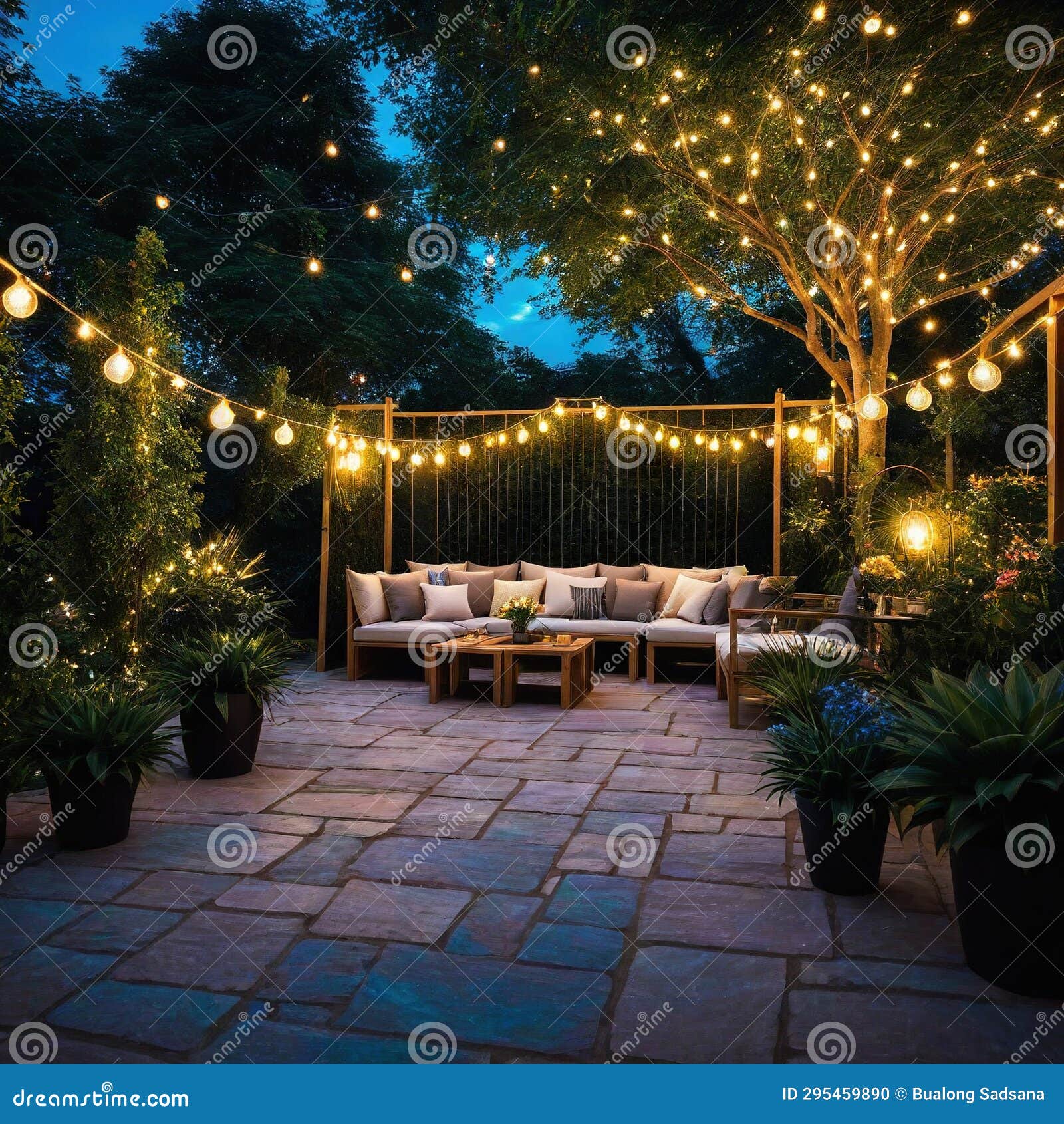 A Beautifully Lit Patio at Night with String Lights and Lanterns Stock ...