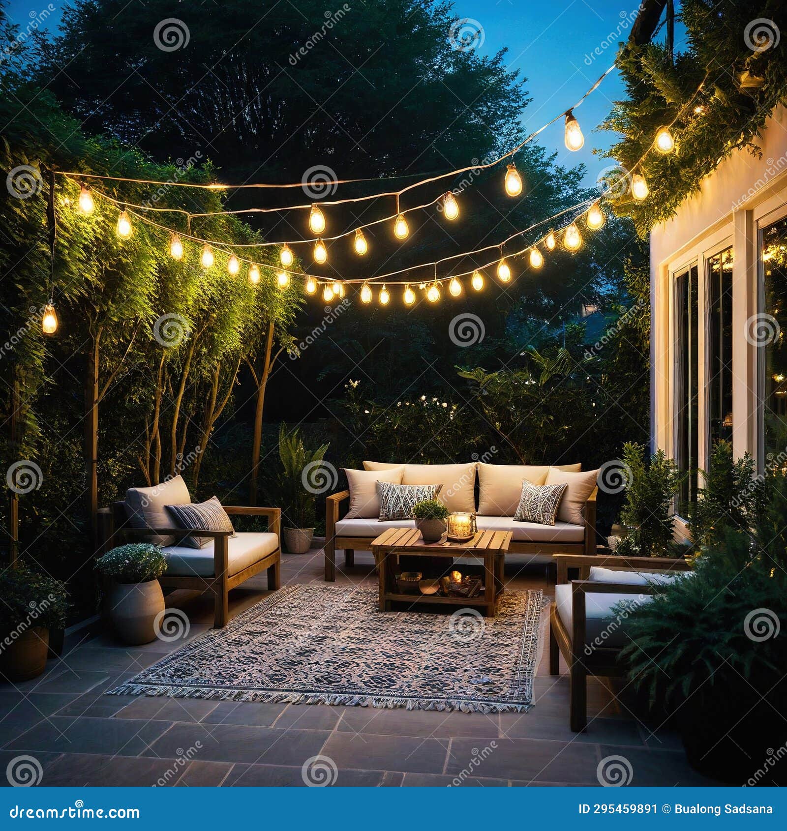 A Beautifully Lit Patio at Night with String Lights and Lanterns Stock ...