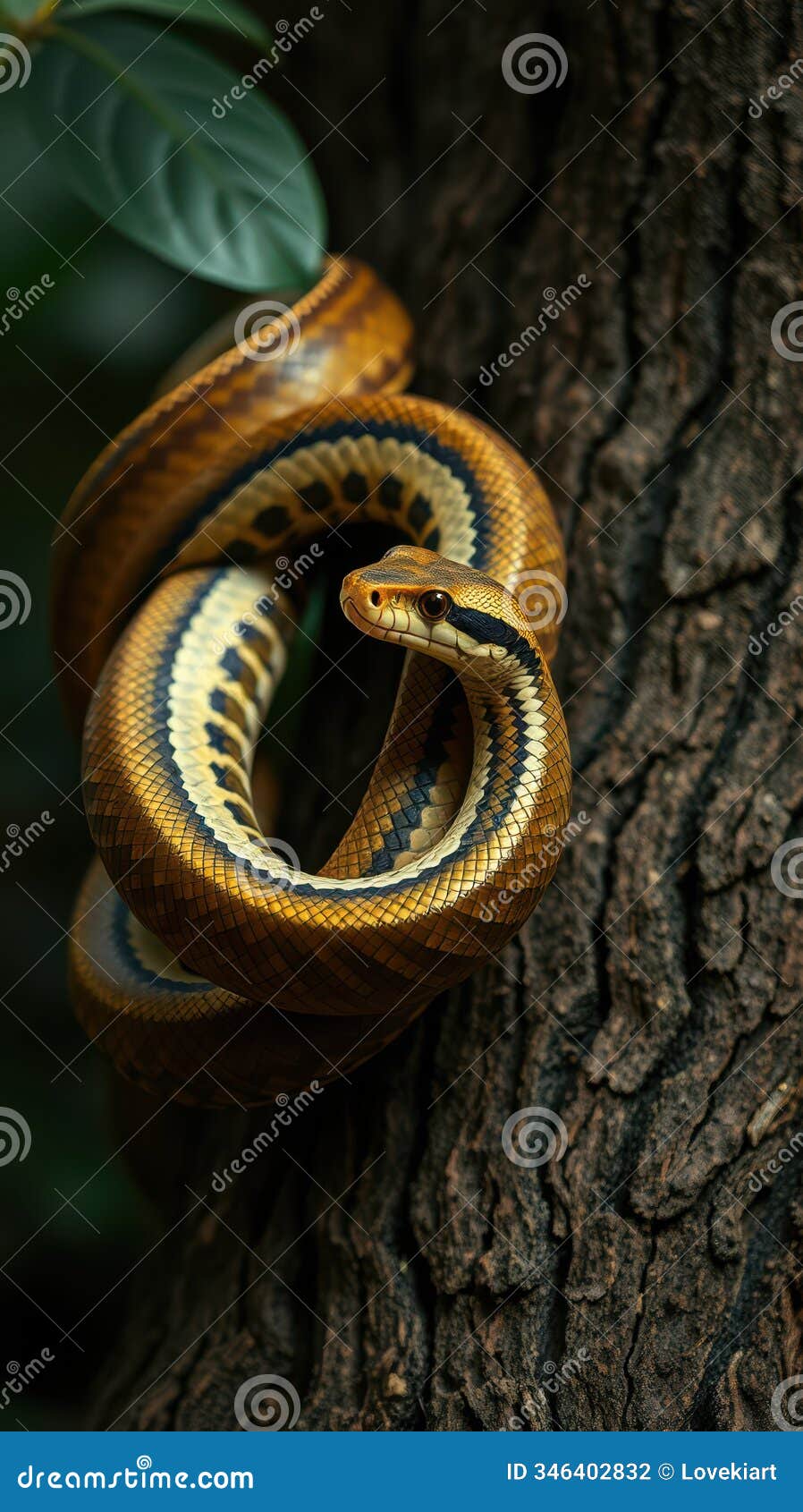 Beautifully Patterned Snake Coiled Around Tree Trunk in Lush Forest ...