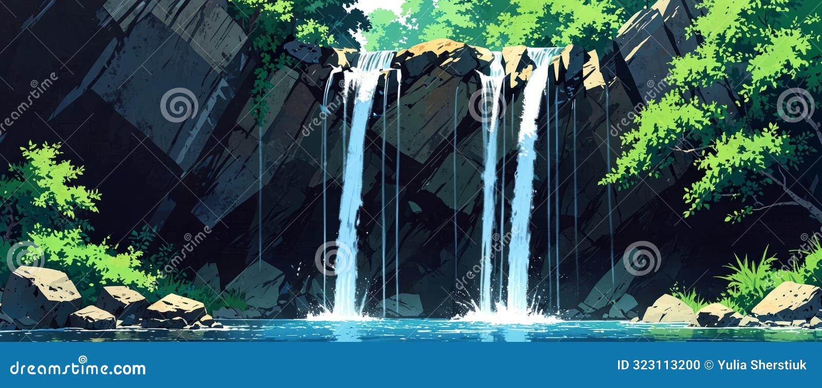 Beautiul Anime-style Illustration Of A Hidden Waterfall. Anime Style ...