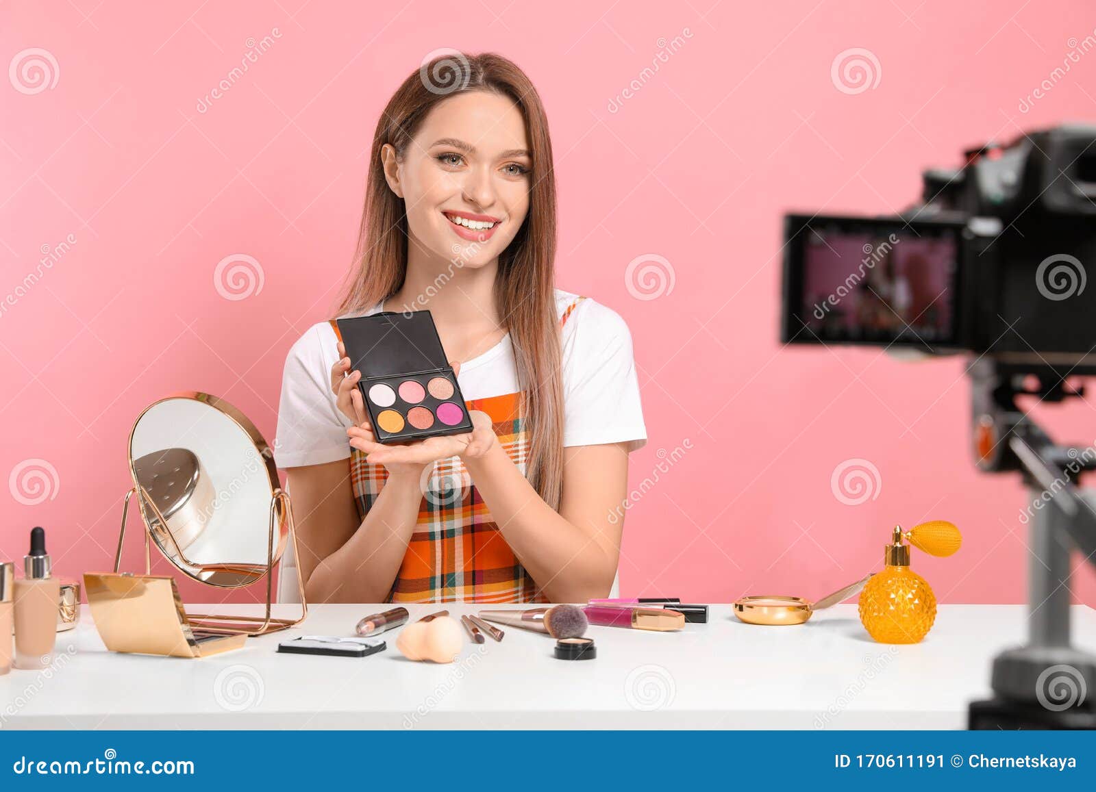 Beauty Blogger Filming Make Up Tutorial on Background Stock Image ...