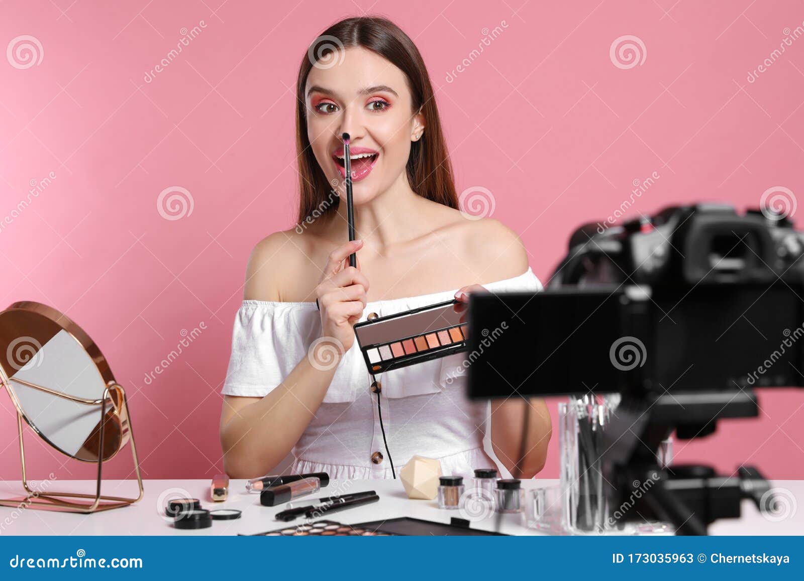Beauty Blogger Recording Makeup Tutorial on Background Stock Image ...
