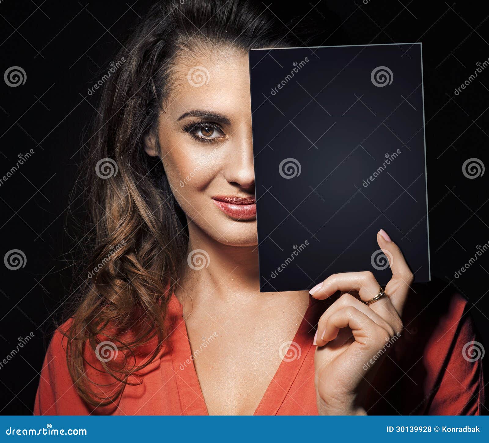 Beauty Brunette Hiding Half of Face Behind Black Panel Stock Photo ...
