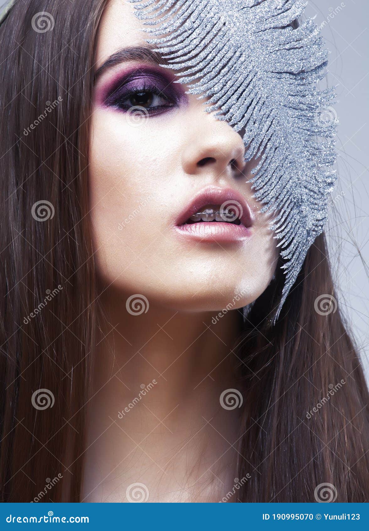 Beauty Brunette Young Girl With Fashion Makeup And Silver Feather