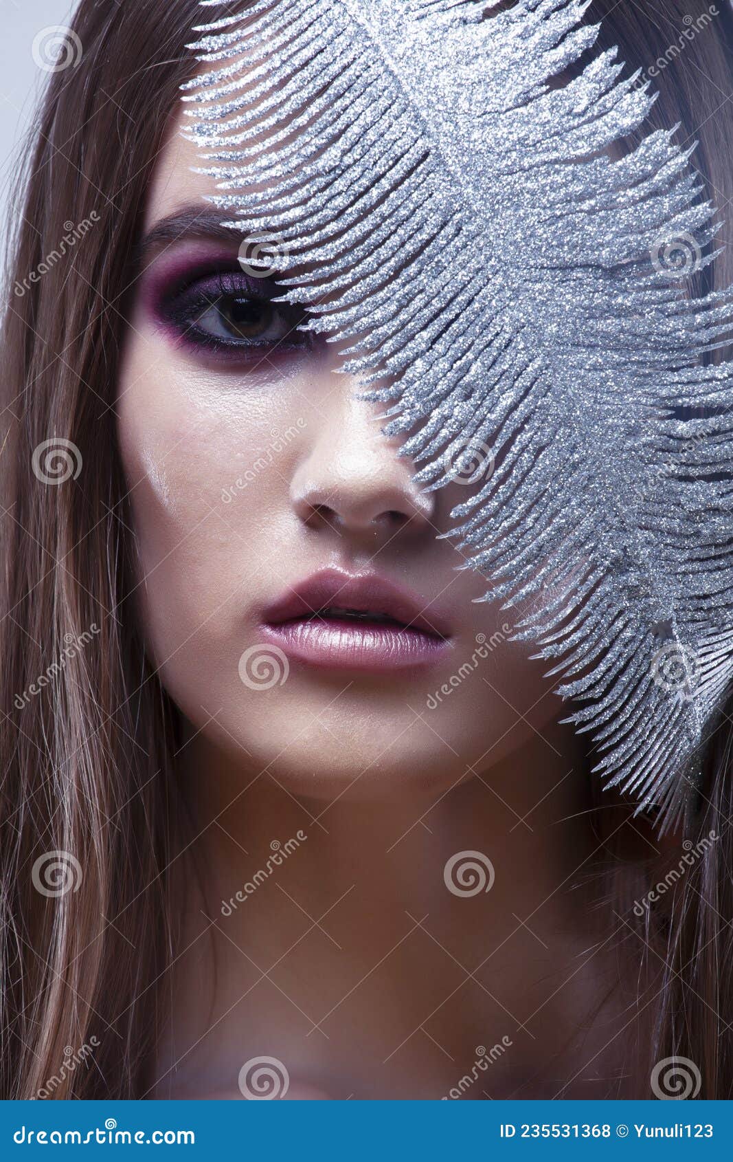 Beauty Brunette Young Girl With Fashion Makeup And Silver Feather