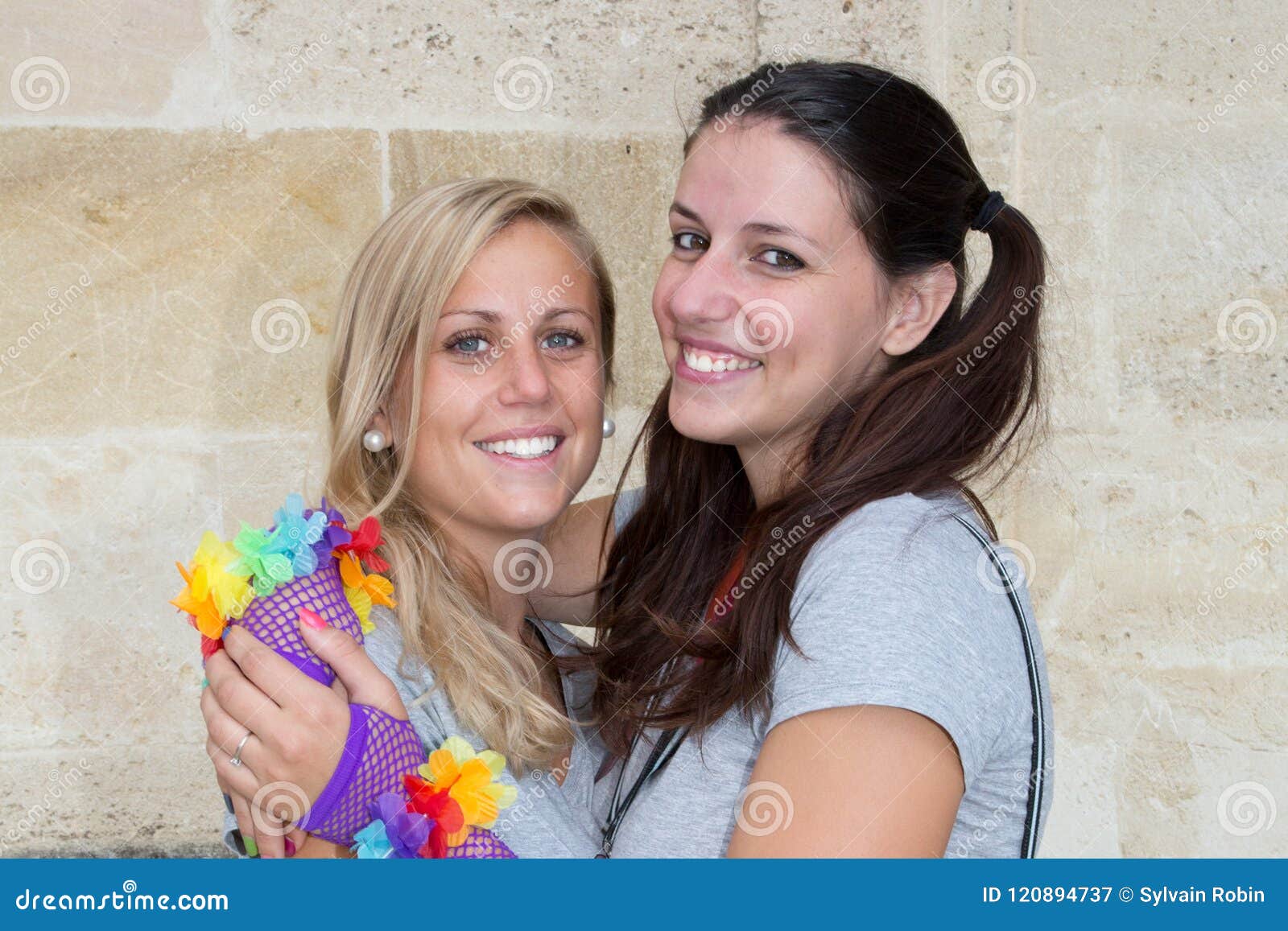 Beauty Cheerful Portrait Girls In Lesbian Love Smile Stock Image