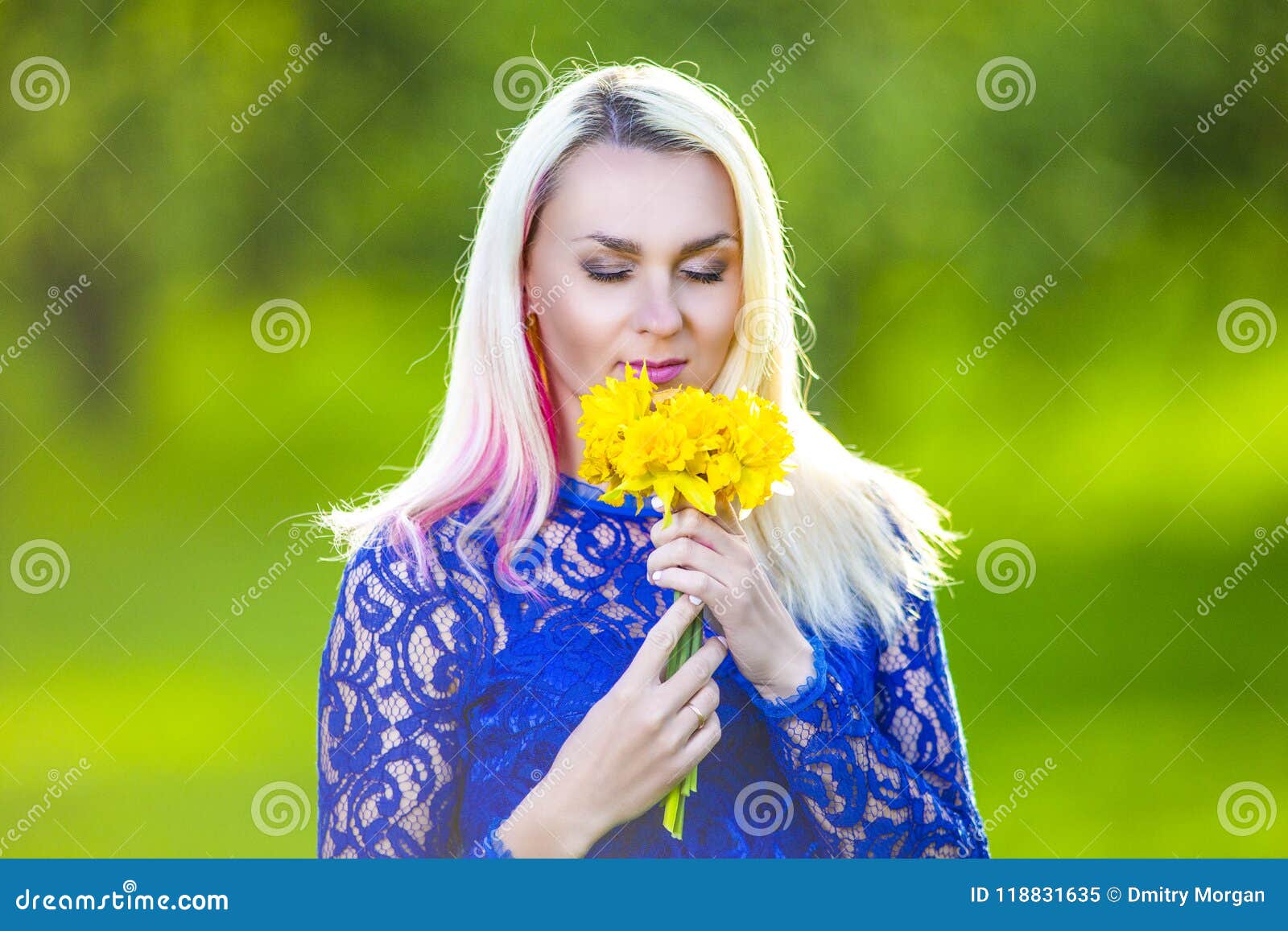 Tranquil Sensual Caucasian Blond Smelling Flowers Stock Image Image