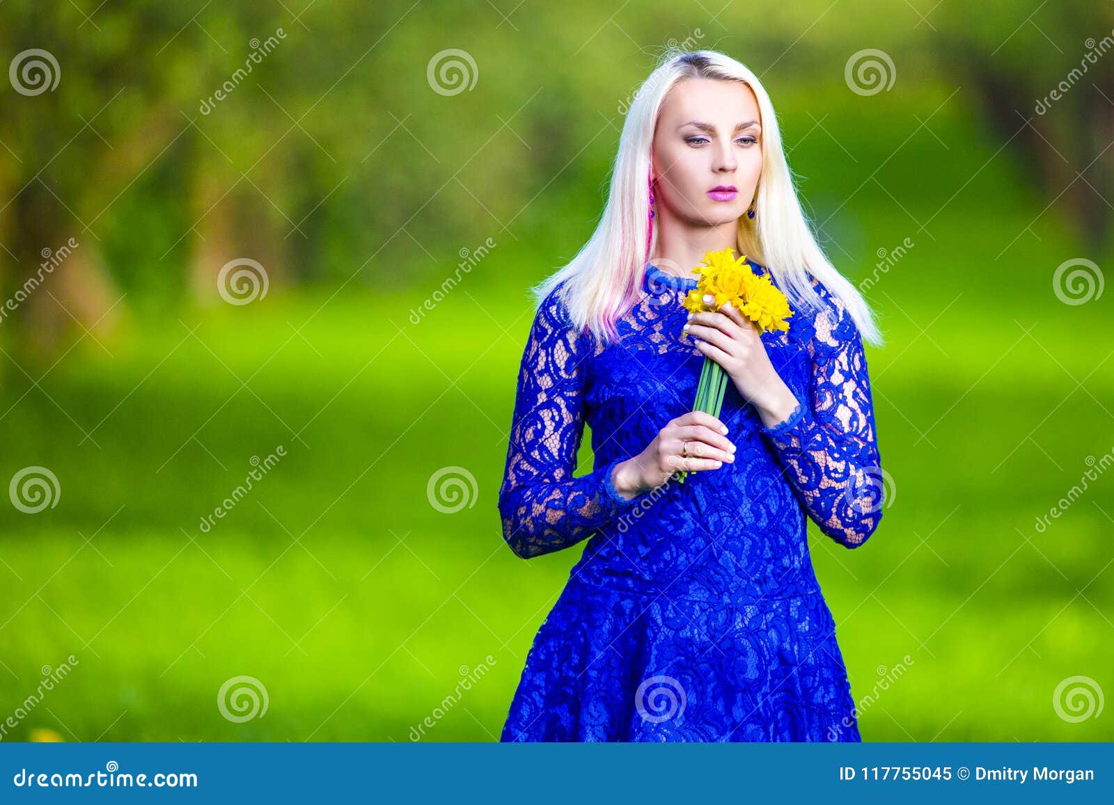Beauty Concepts Sensual Caucasian Blond Girl With Bunch Of Daffodils