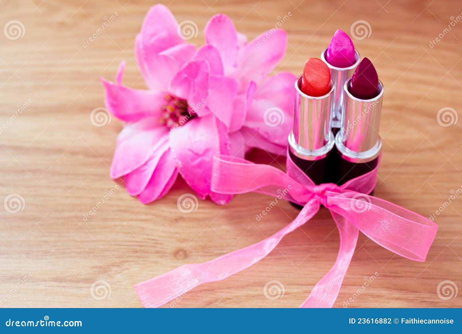 Beauty Cosmetics: Lipsticks, Bow and Flowers Stock Photo - Image of ...