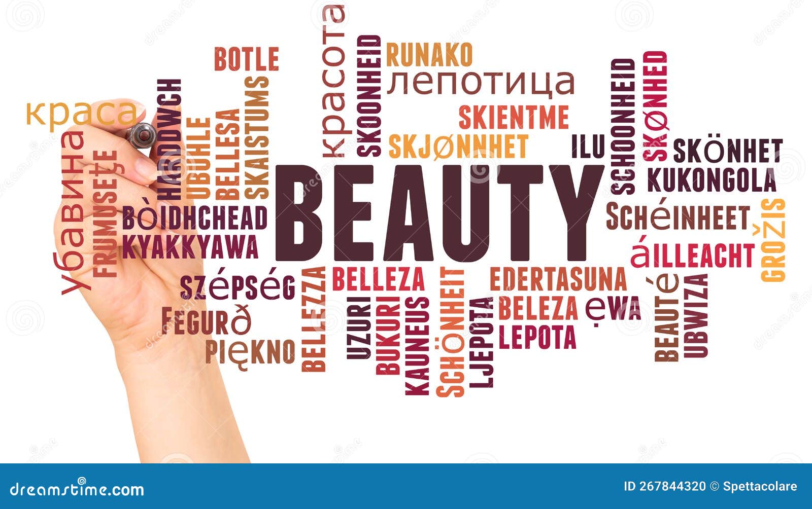 Beauty in Different Languages Word Cloud and Hand Stock Illustration ...