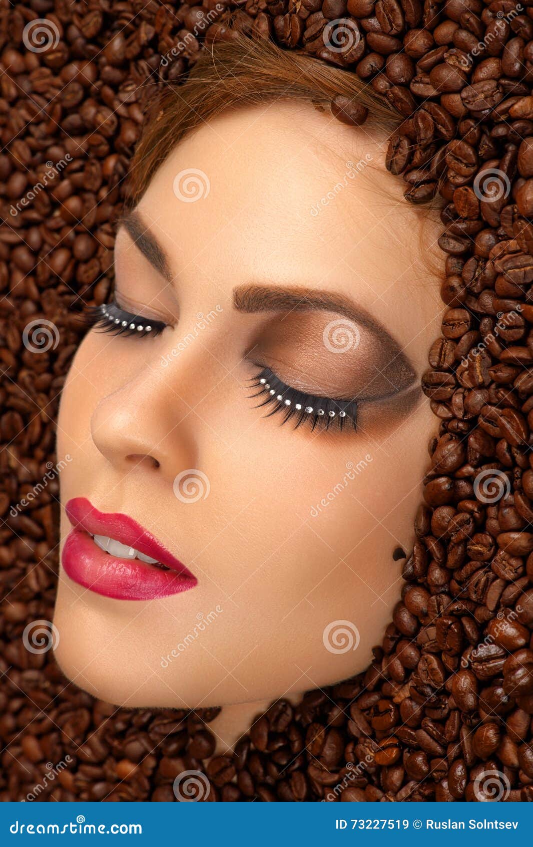 Beauty Face with Bright Makeup in Coffee Beans Stock Image - Image of ...