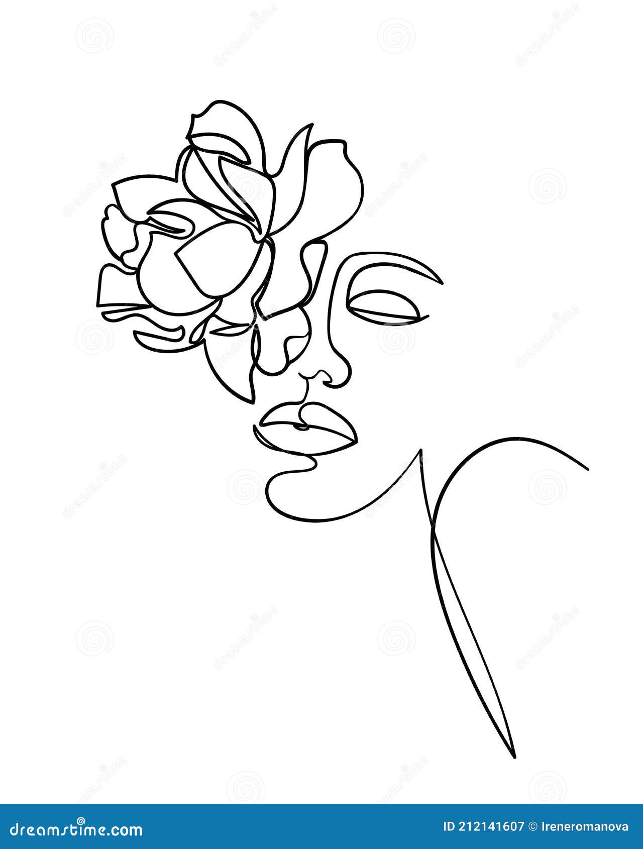 Beauty Face With Flower Rose Line Drawing Art Abstract Minimal