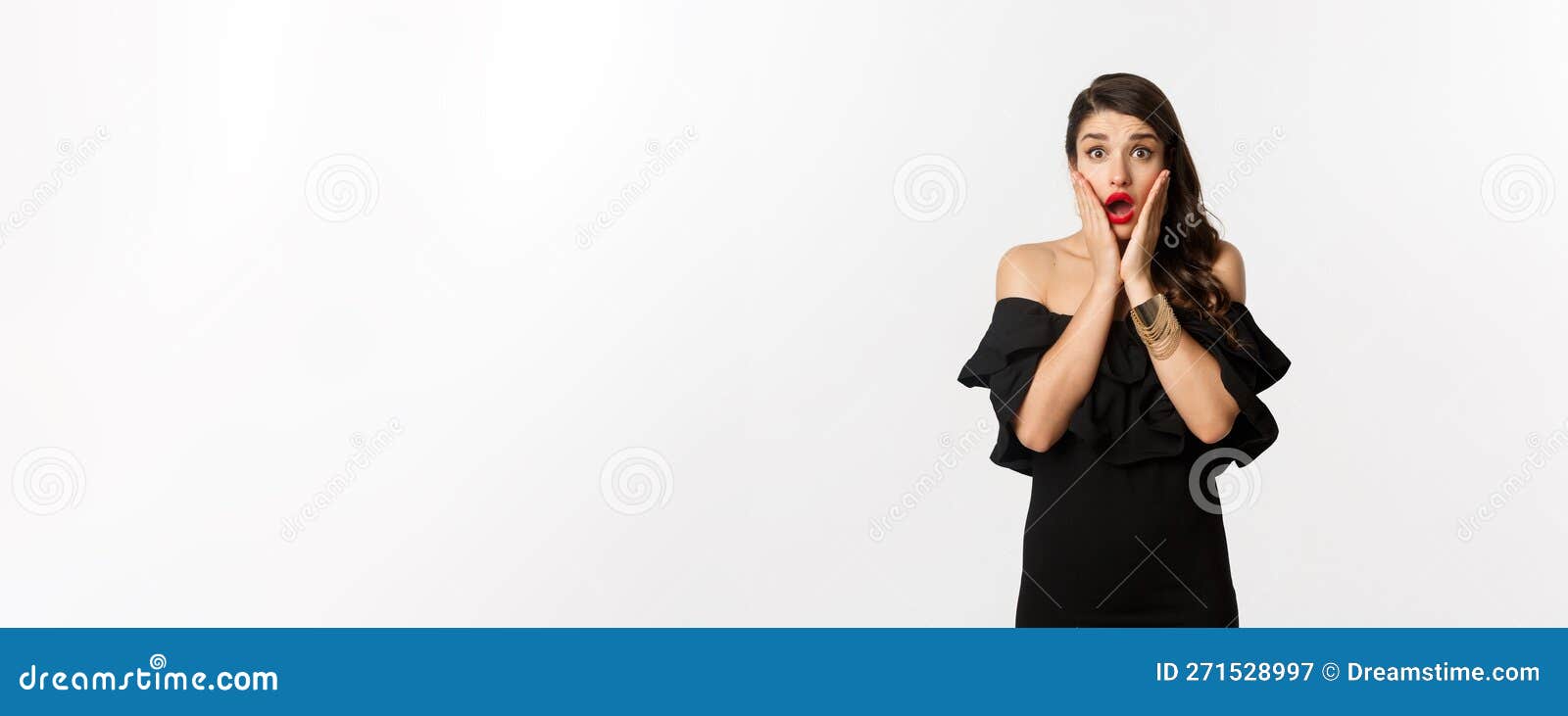 Beauty And Fashion Concept Waist Up Shot Of Surprised Woman In Black