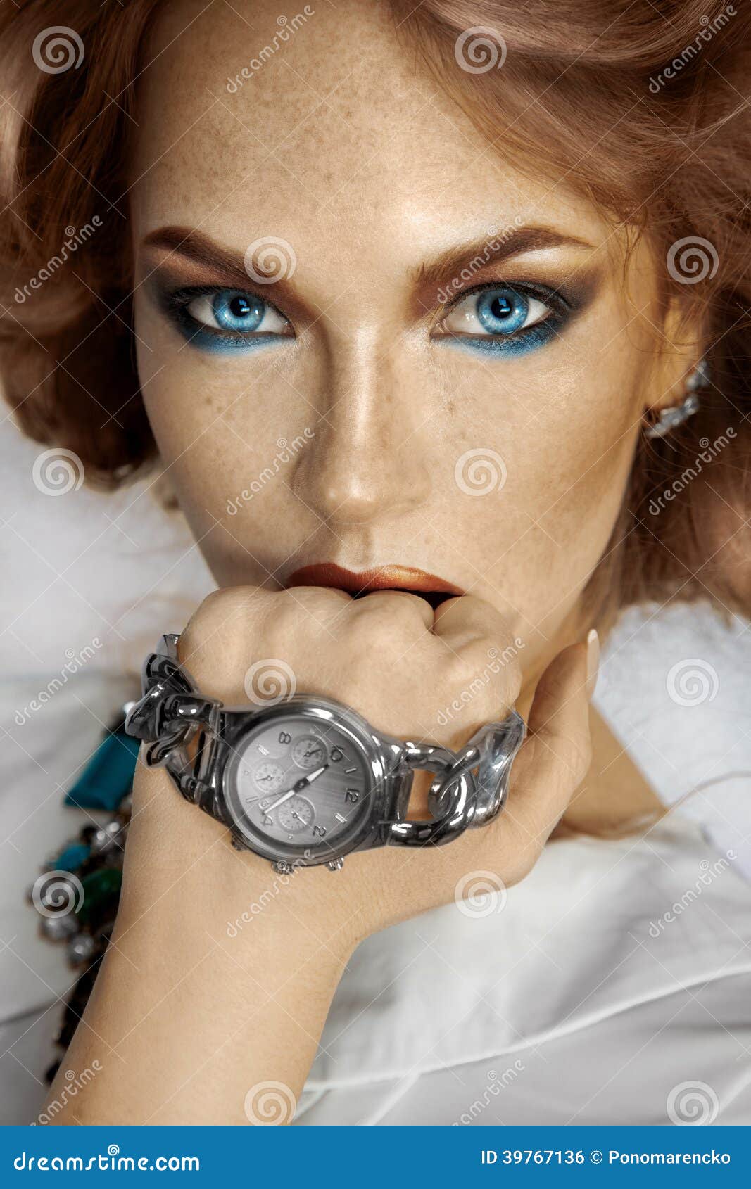 Beauty Female with Watch on Hand Looking at Camera Stock Photo - Image ...