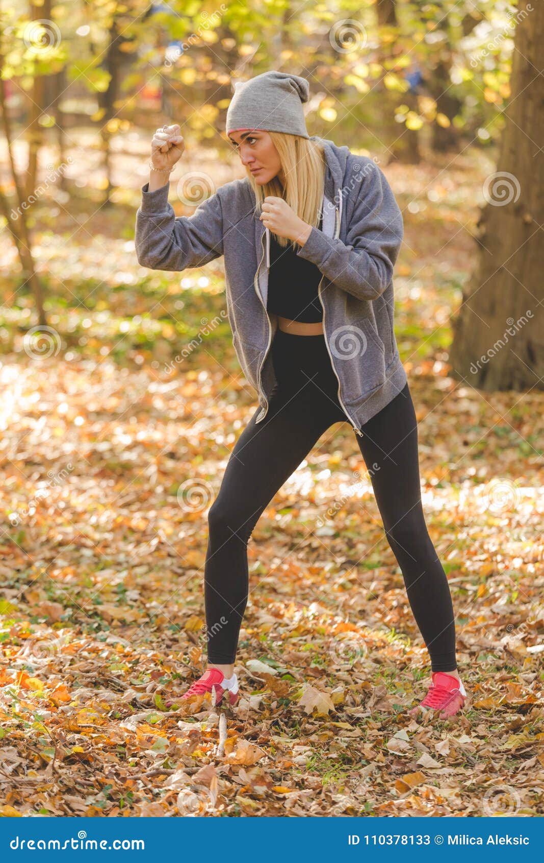 Girl in Boxing Guard Exercise in the Forest Stock Image - Image of ...