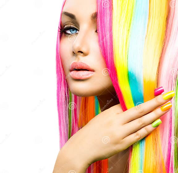 Beauty Girl With Colorful Hair And Nail Polish Stock Image Image Of