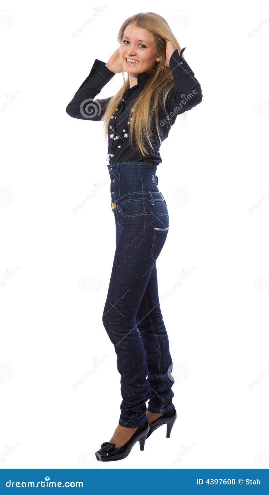 Beauty Girl Dressed in Dark Blue Jeans Stock Photo - Image of hair ...