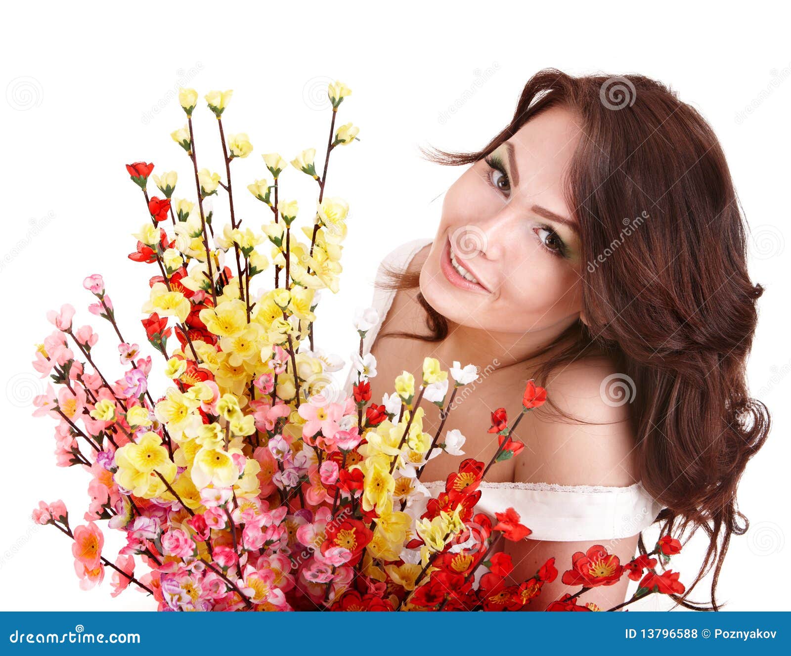 Beauty Girl with Group Spring Flower. Stock Photo - Image of long ...
