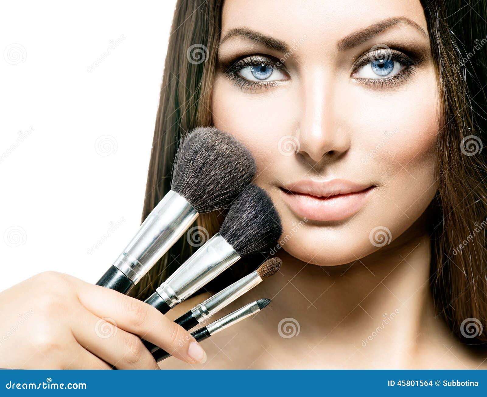 Beauty Girl with Makeup Brushes Stock Photo - Image of brunette ...