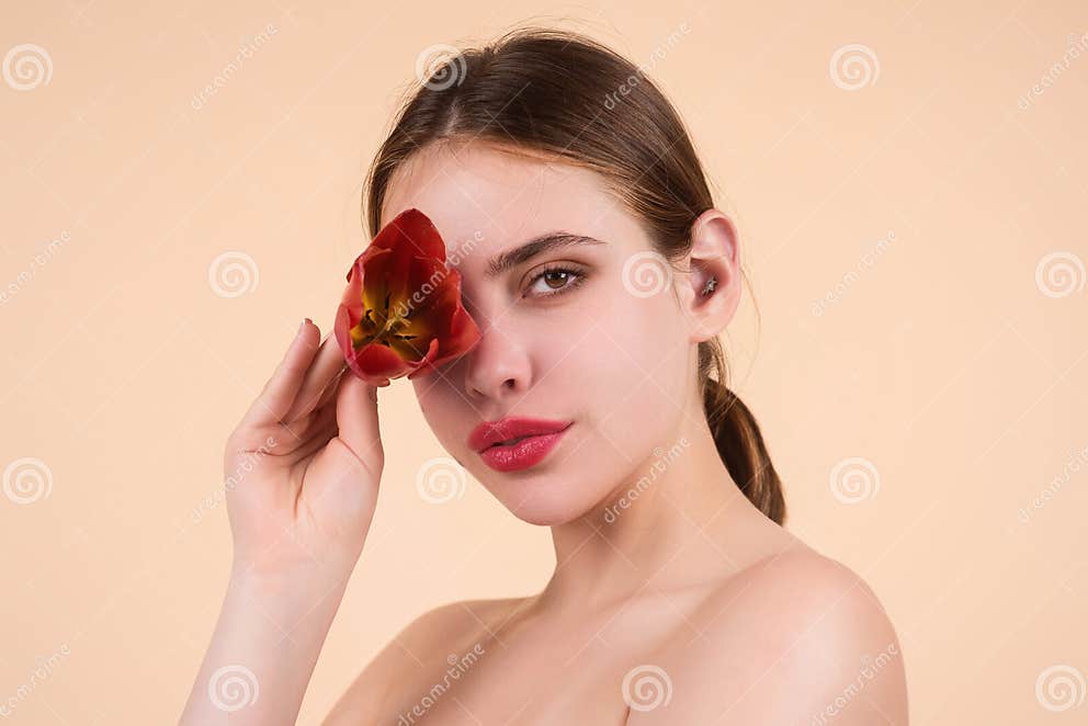 Beauty Girl With Tulip Near Face Beautiful Sensual Woman Hold Tulip