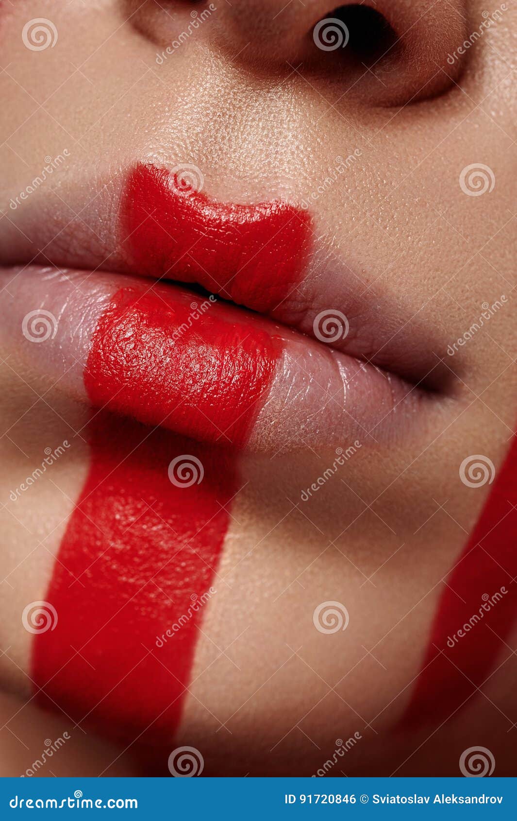 Beauty Macro Make-up Art. Red Stripes on Lips Stock Photo - Image of ...