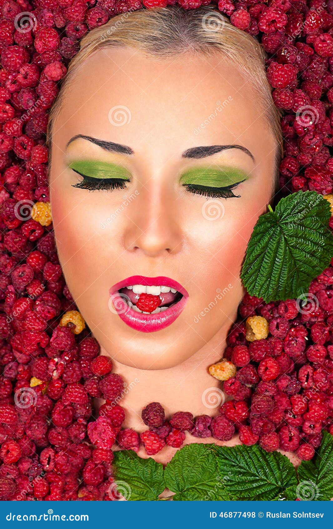 Beauty Makeup Face in Raspberries Stock Photo - Image of green, face ...