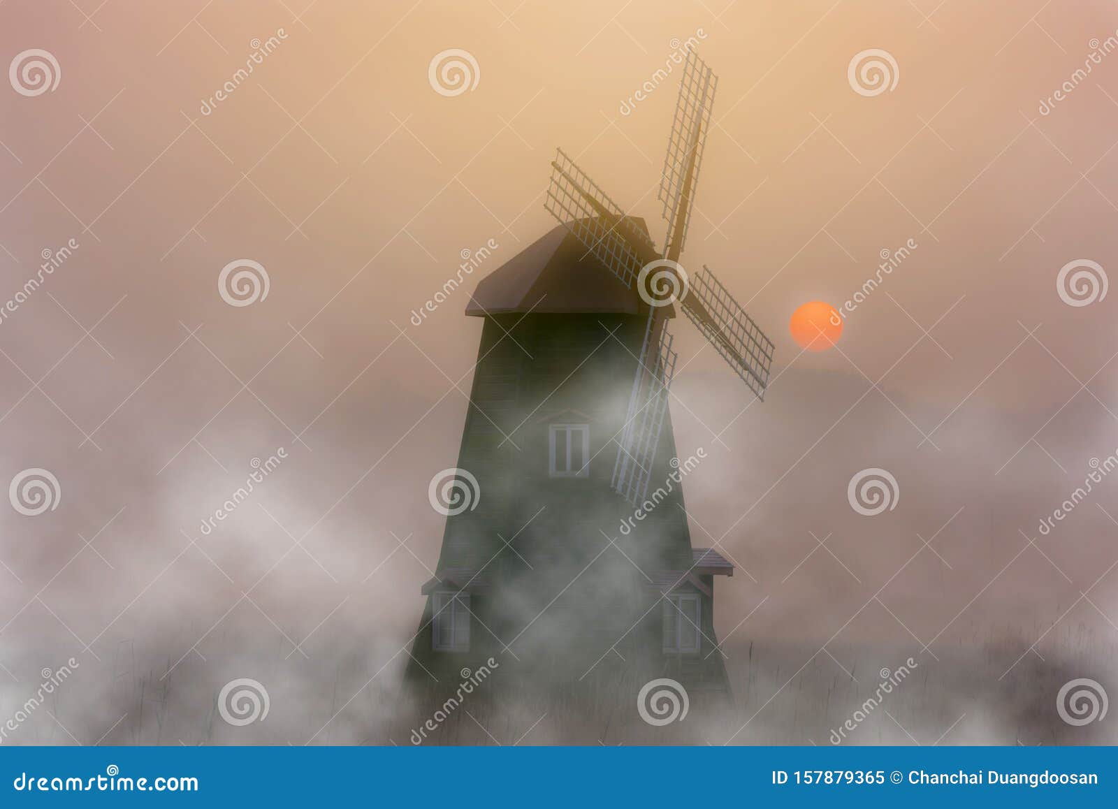 The Beauty of the Mist and Wind Turbines in the Morning Stock Image ...