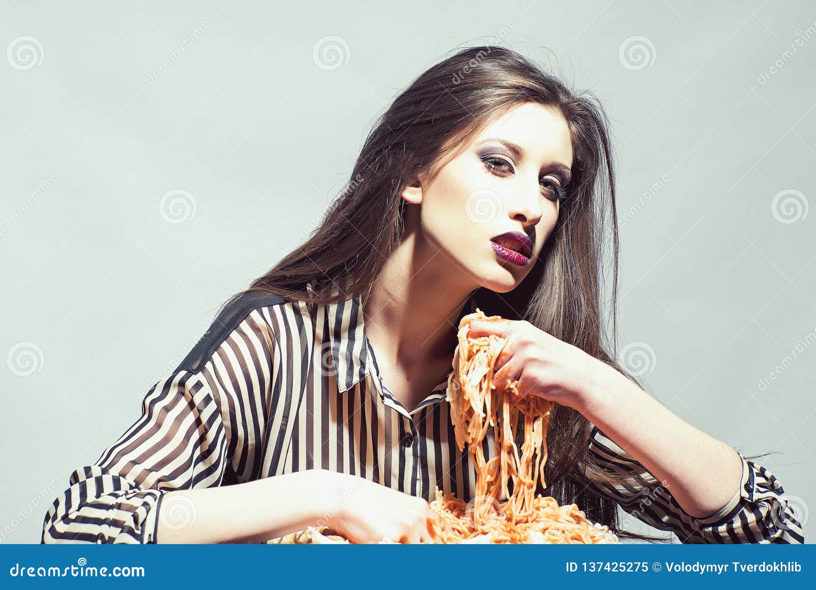 Beauty Model With Makeup And Long Brunette Hair Have Dinner Woman Eat