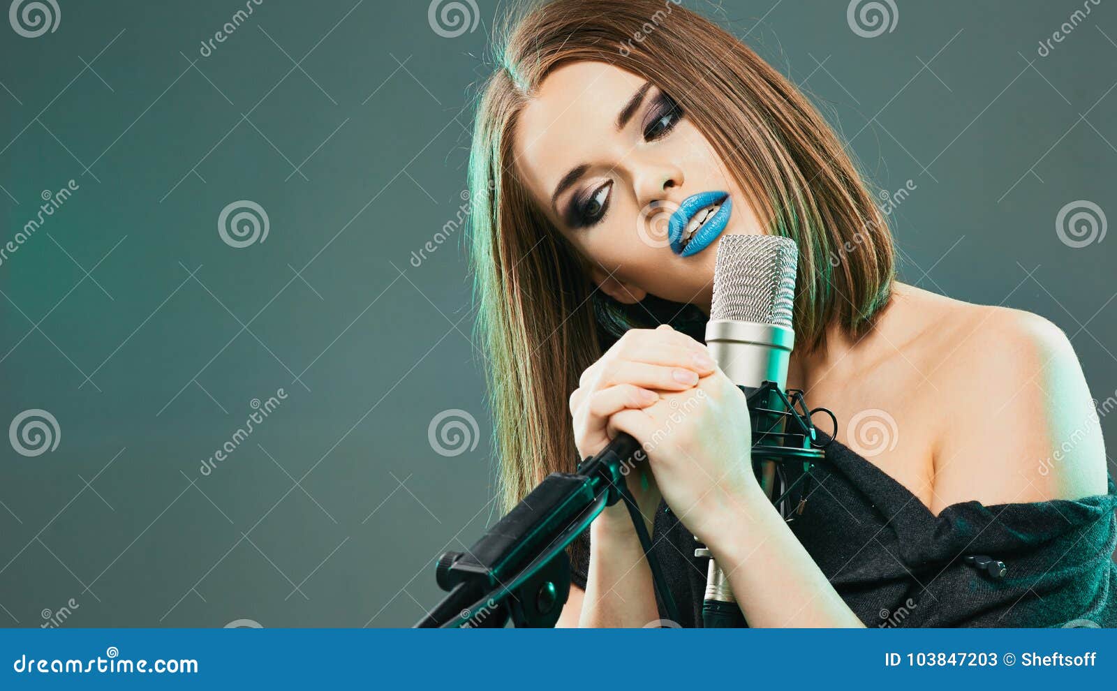 Beauty Model Posing with Microphone. Stock Image - Image of fashion ...