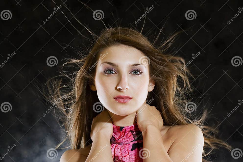 Beauty Model in Studio with Hair Blown by Wind Stock Image - Image of ...