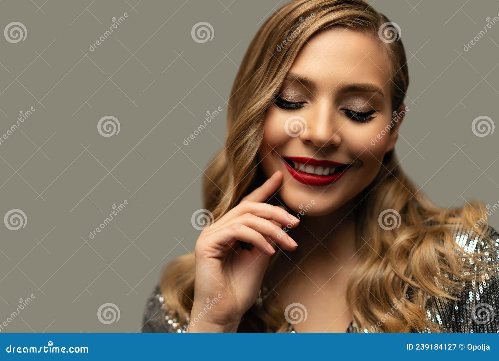 Beauty Model Woman With Long Wavy Hair Red Lips And Beautiful