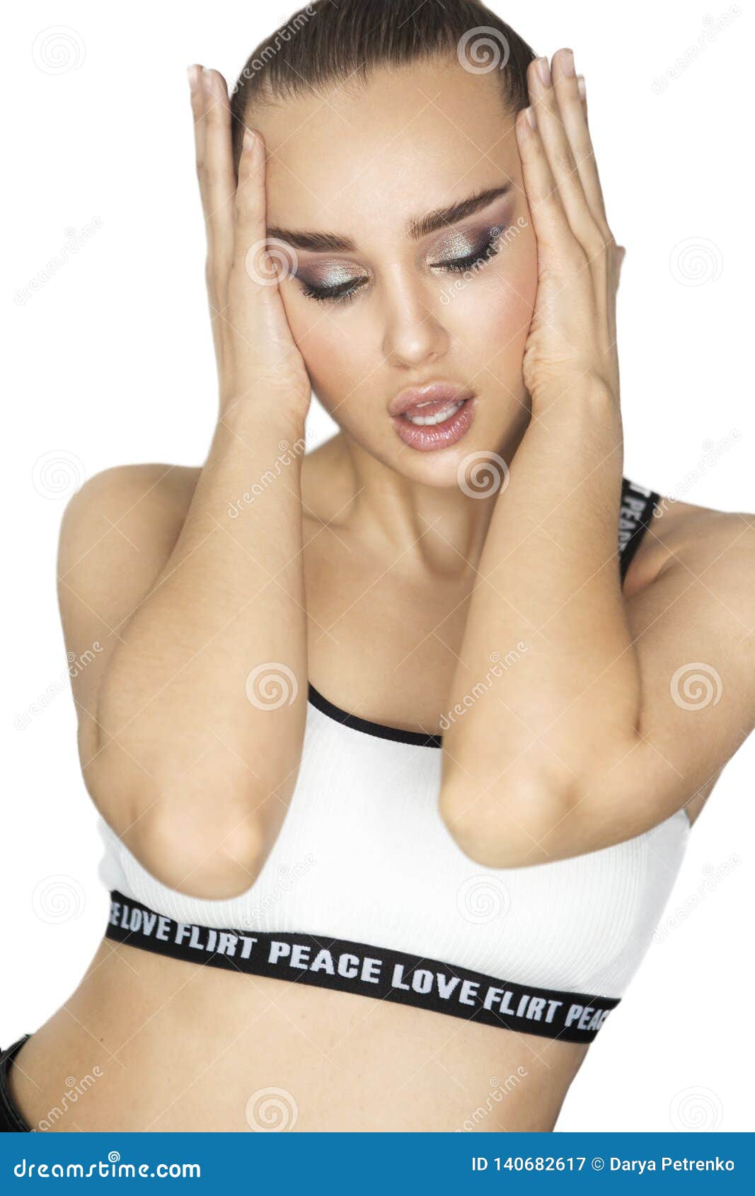Beauty Portrait Beautiful Brunette Woman Touching Her Face Wearing