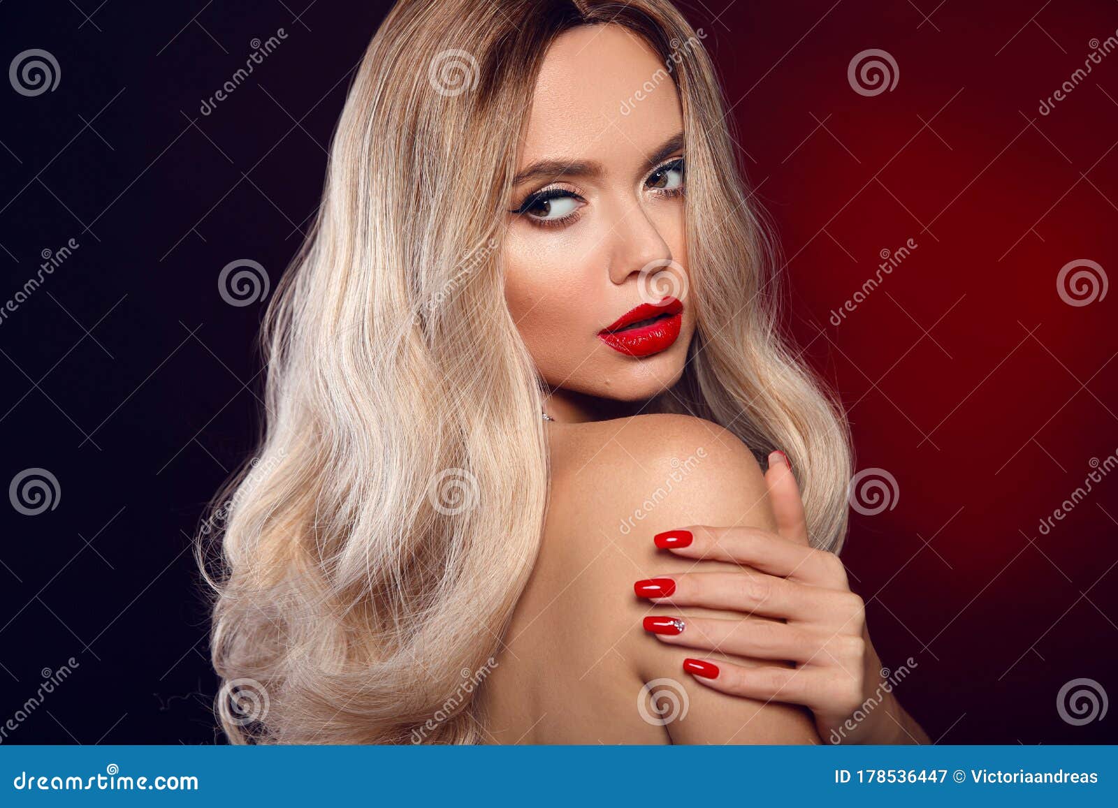 Beauty Portrait Of Blonde Woman With Red Lips Long Healthy Shiny Blond