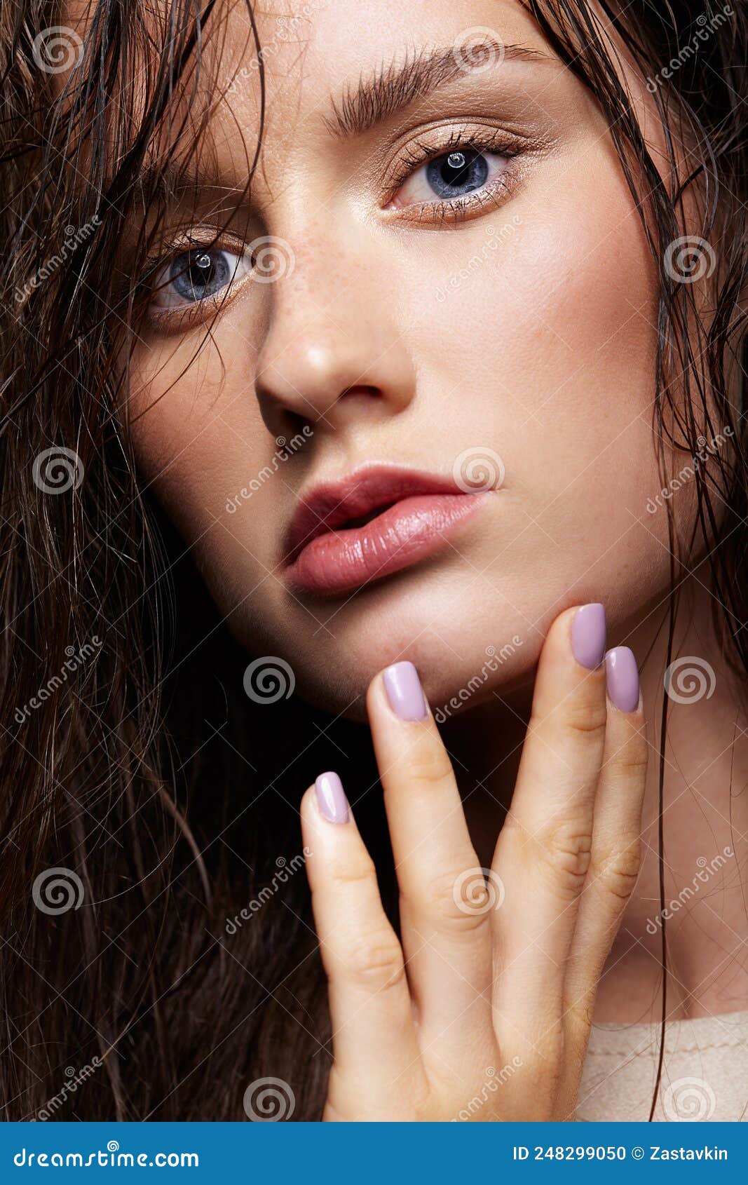 Beauty Portrait Of Young Woman Brunette Girl With Bright Blue Eyes And
