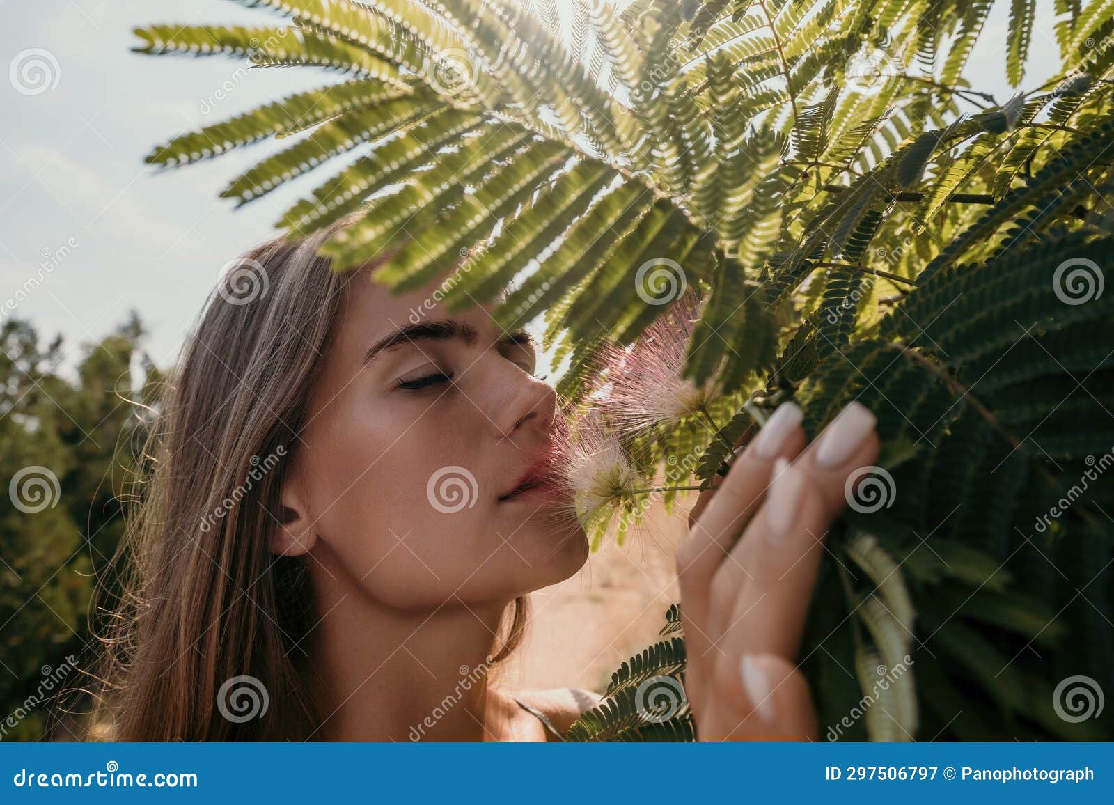 Beauty Portrait Of Happy Woman Closeup Young Girl Smelling Chinese