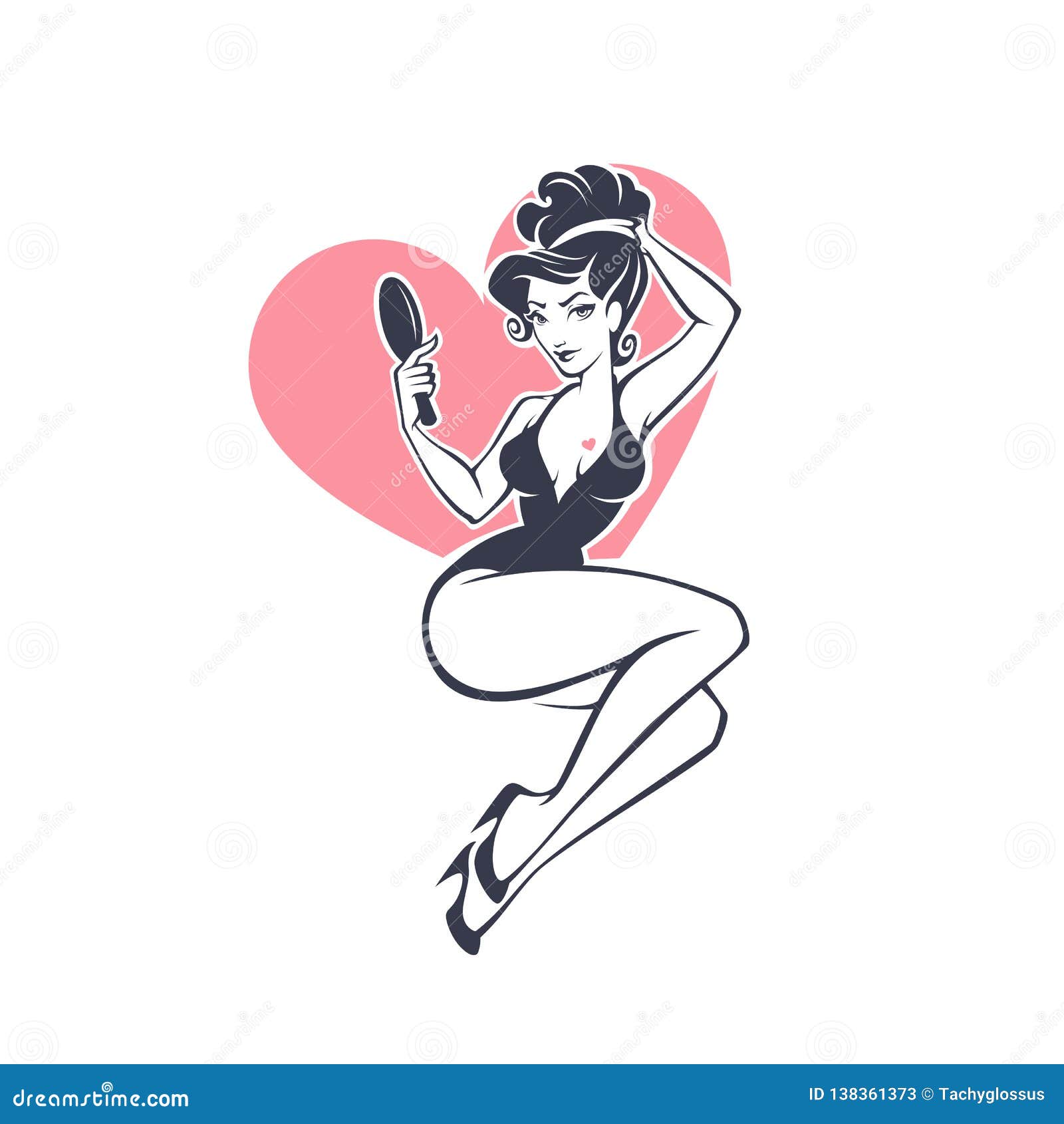 And Beauty Retro Pinup Girl Holding A Mirror On Pink Heart Shape