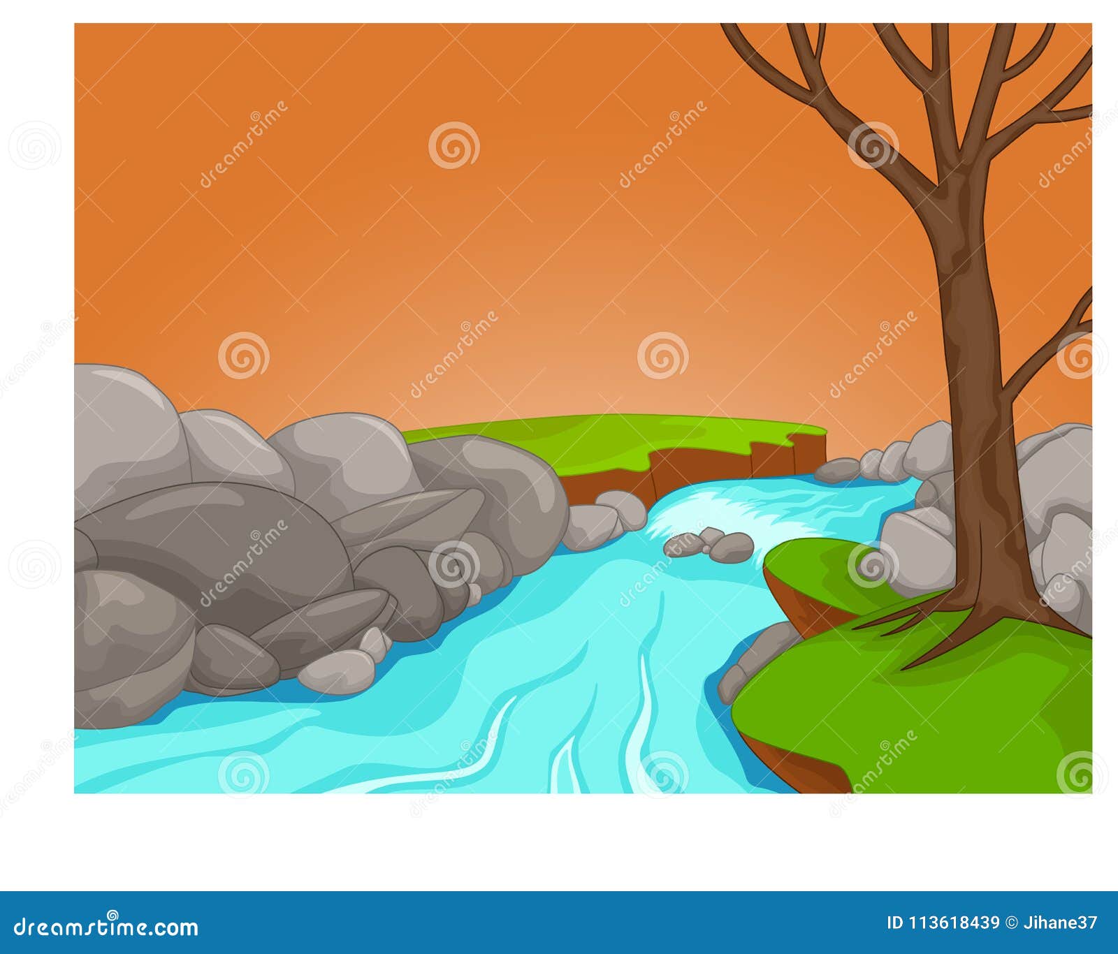 Beauty River Landscape Cartoon in the Evening Stock Illustration ...