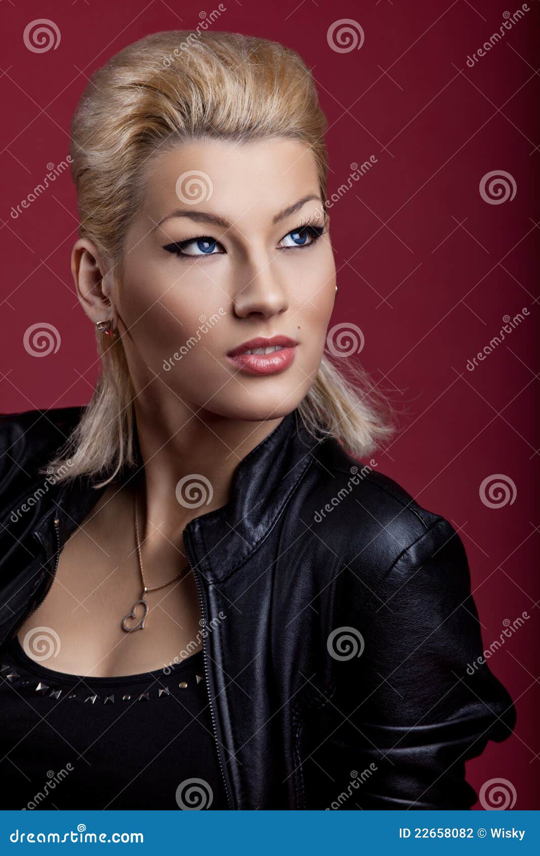 Beauty Singer in Black Leather on Red Portrait Stock Photo - Image of ...