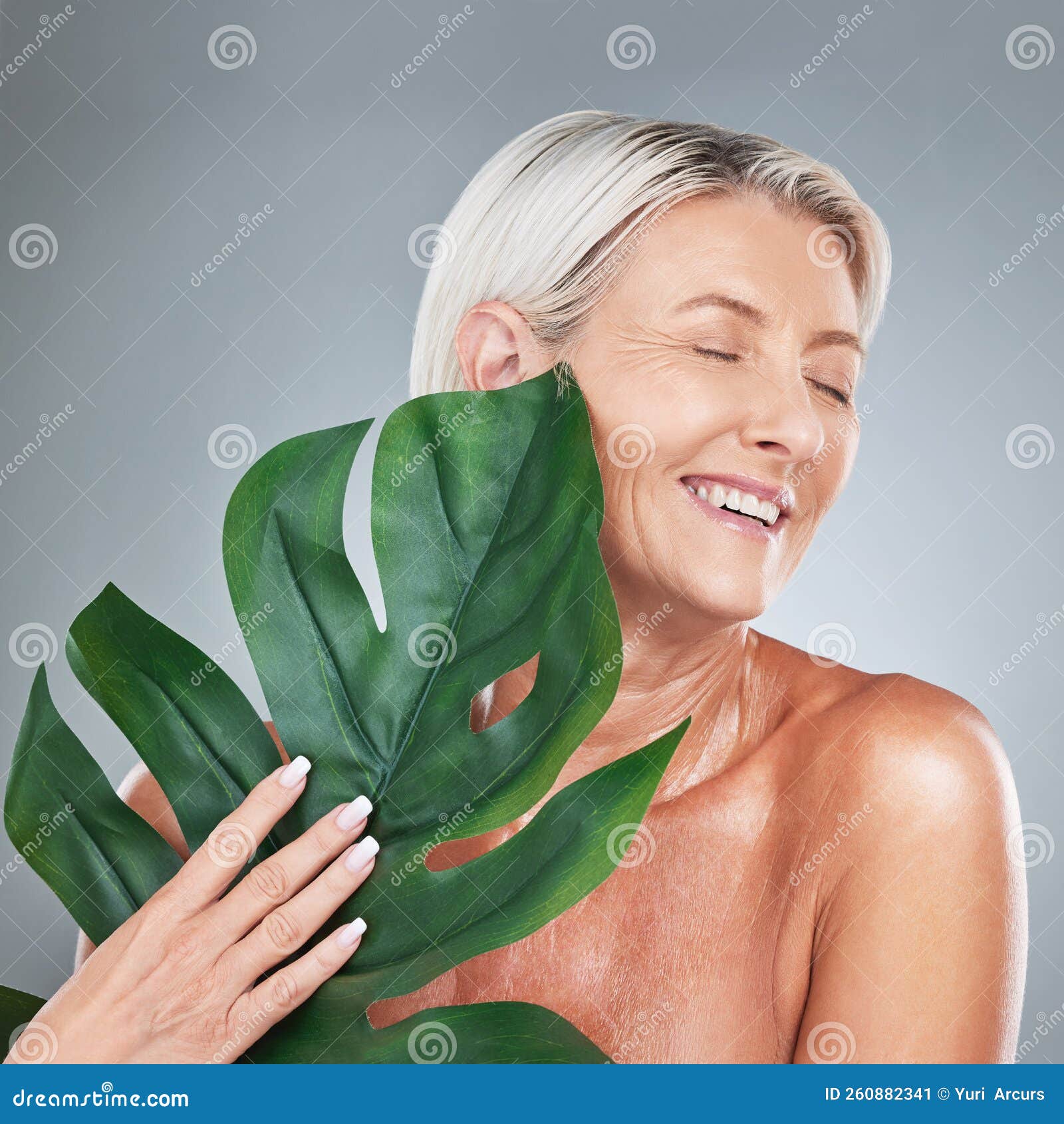 Beauty Skin And Mature Woman With Plant For Organic Skincare And Anti