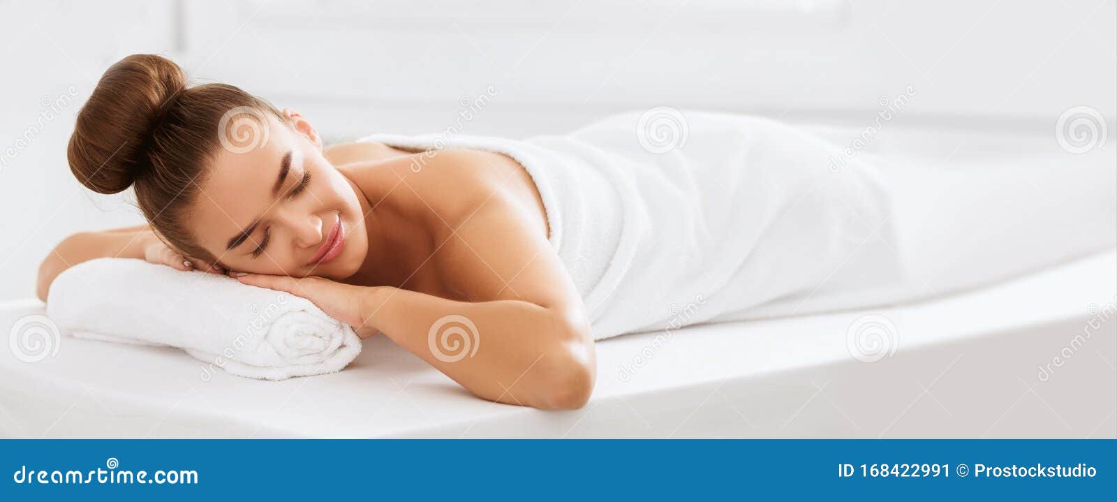 Relaxed Girl Waiting For Spa Massage Lying With Closed Eyes Panorama